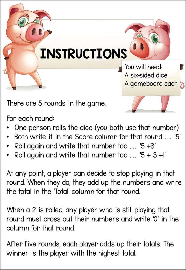 Greedy Pig Math Game, Addition and Probability (digital Download) - Etsy Israel