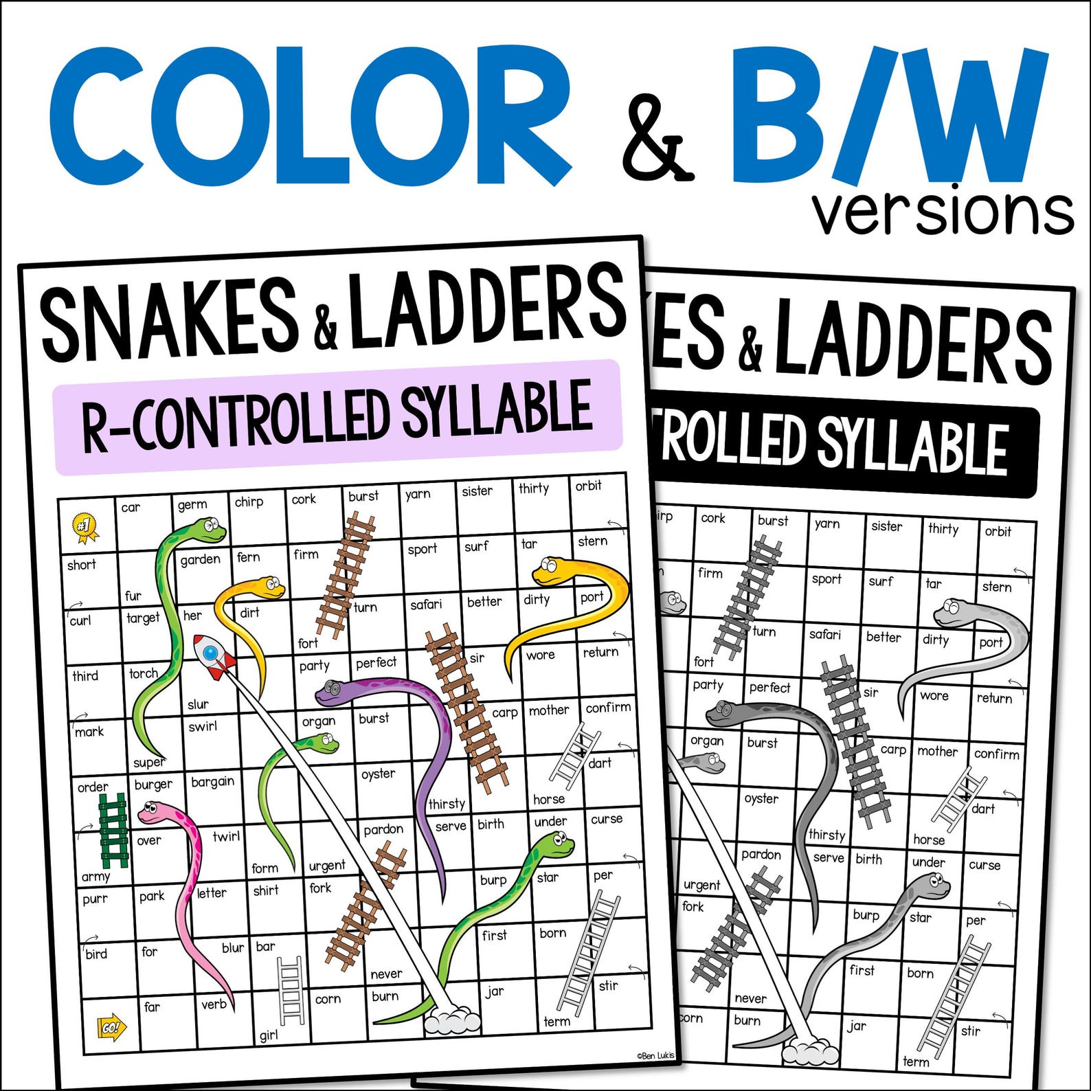Snakes and Ladders R-controlled Vowel Phonics Game for Kids, Printable ...