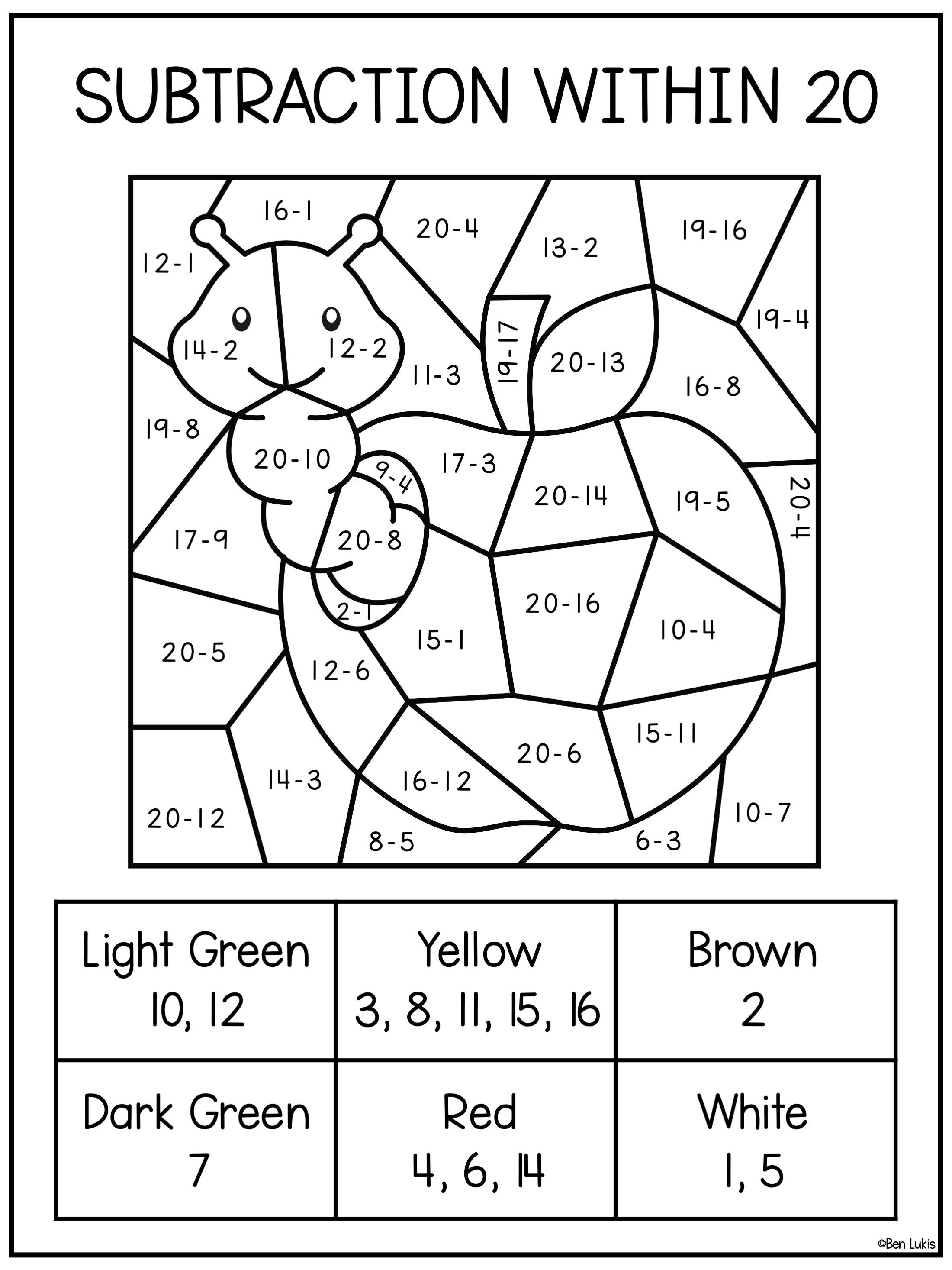 Color by Number Addition and Subtraction Within 20 Worksheets, Math ...