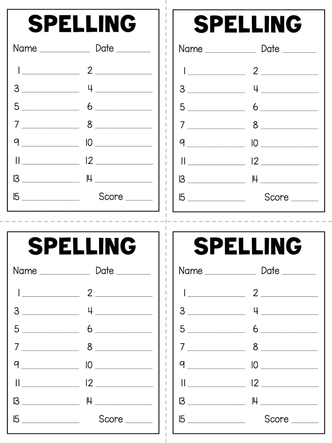 Spelling Test Templates for 5, 10, 15, 20 Words Blank Lined Spelling ...