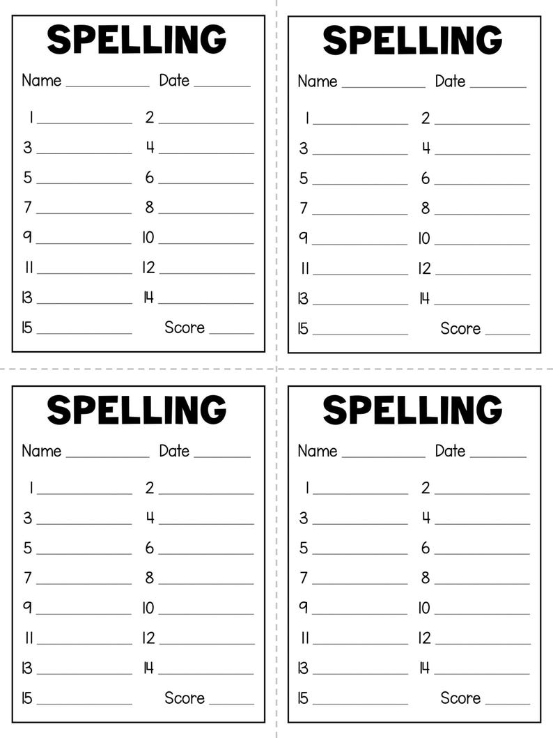 Spelling Test Templates for 5, 10, 15, 20 Words Blank Lined Spelling ...