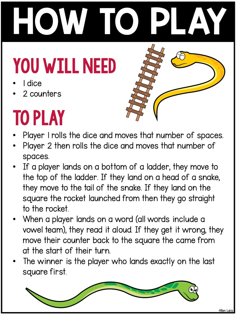 Snakes and Ladders Reading Game for Vowel Teams Practice, Printable ...
