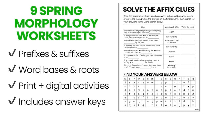 Spring Morphology Worksheets | Prefixes Suffixes & Base Words ...