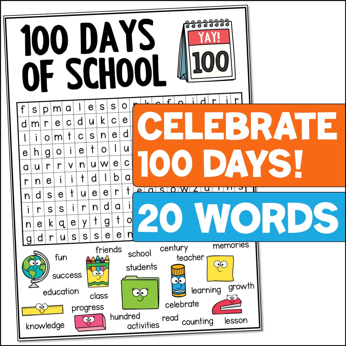 100th Day of School Word Search, 100 Days of School ELA Wordsearch ...