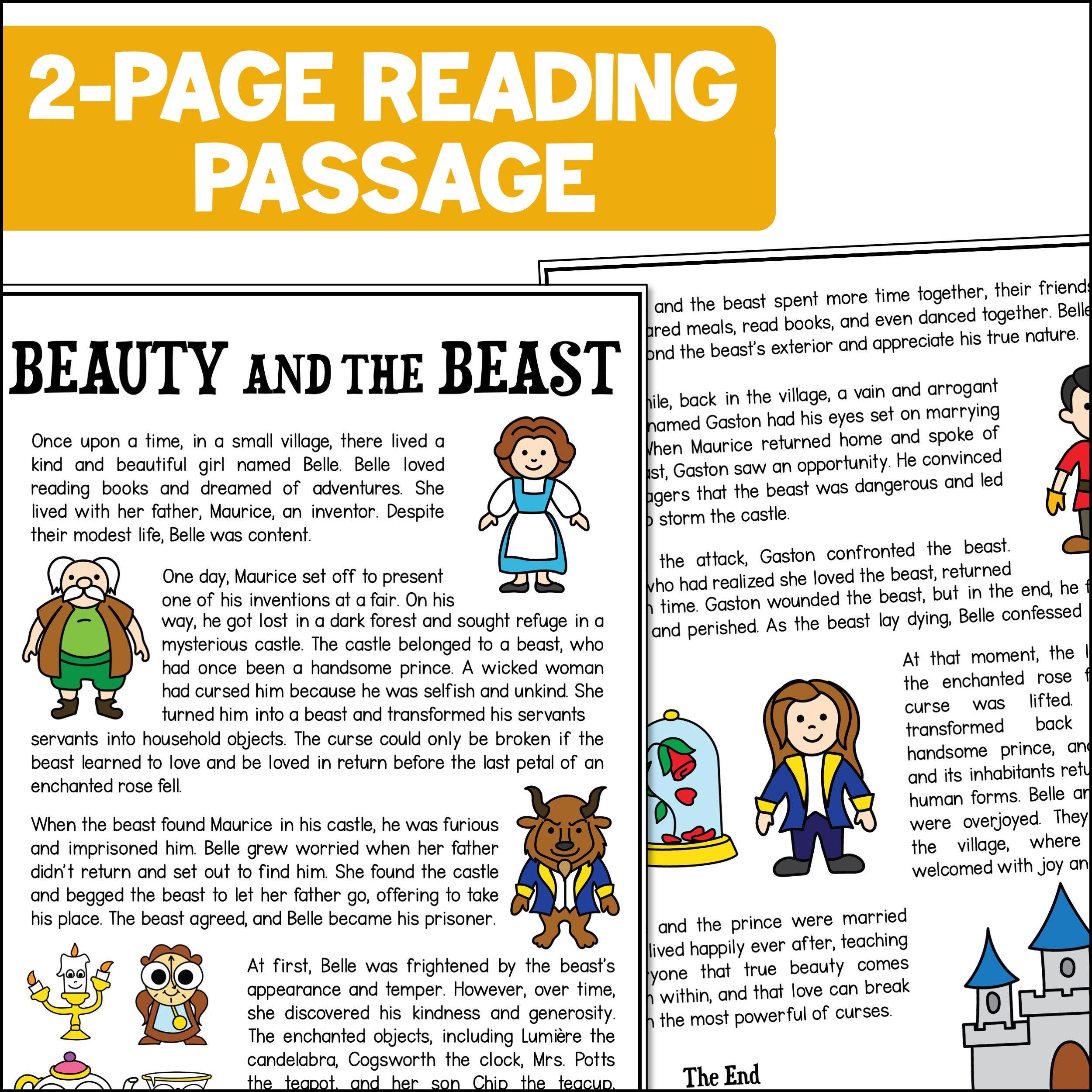 Beauty and the Beast Reading Activity, Comprehension Questions, Word ...