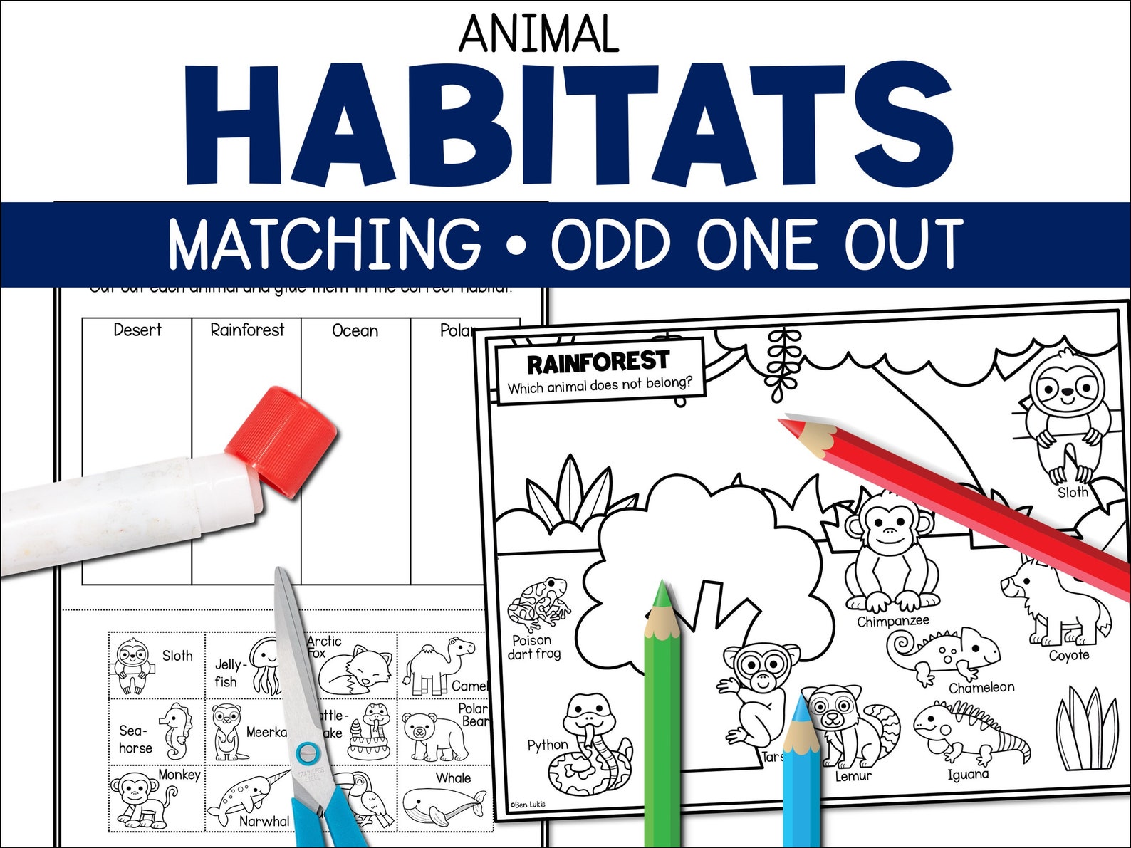 Animal Habitats Matching Activity and Odd One Out Worksheets, Animal ...