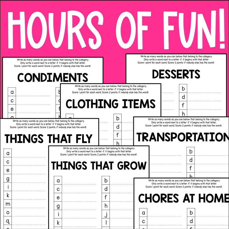 Vocabulary Word Game of Categories, Creative Thinking & Writing ...