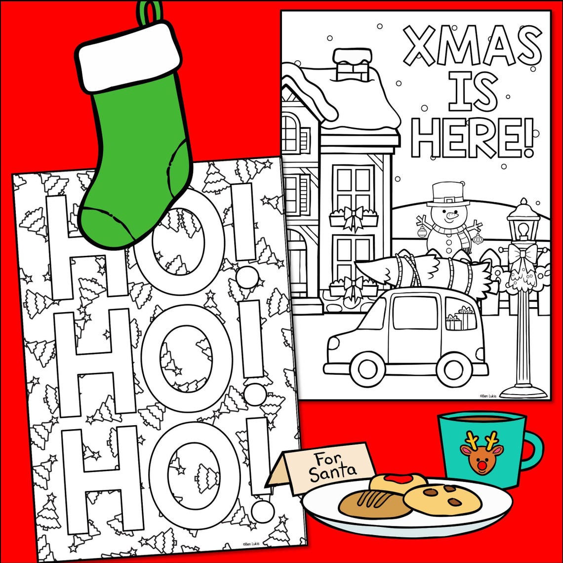 Christmas Coloring Pages Digital Download, Kids Holiday Activity, Xmas ...