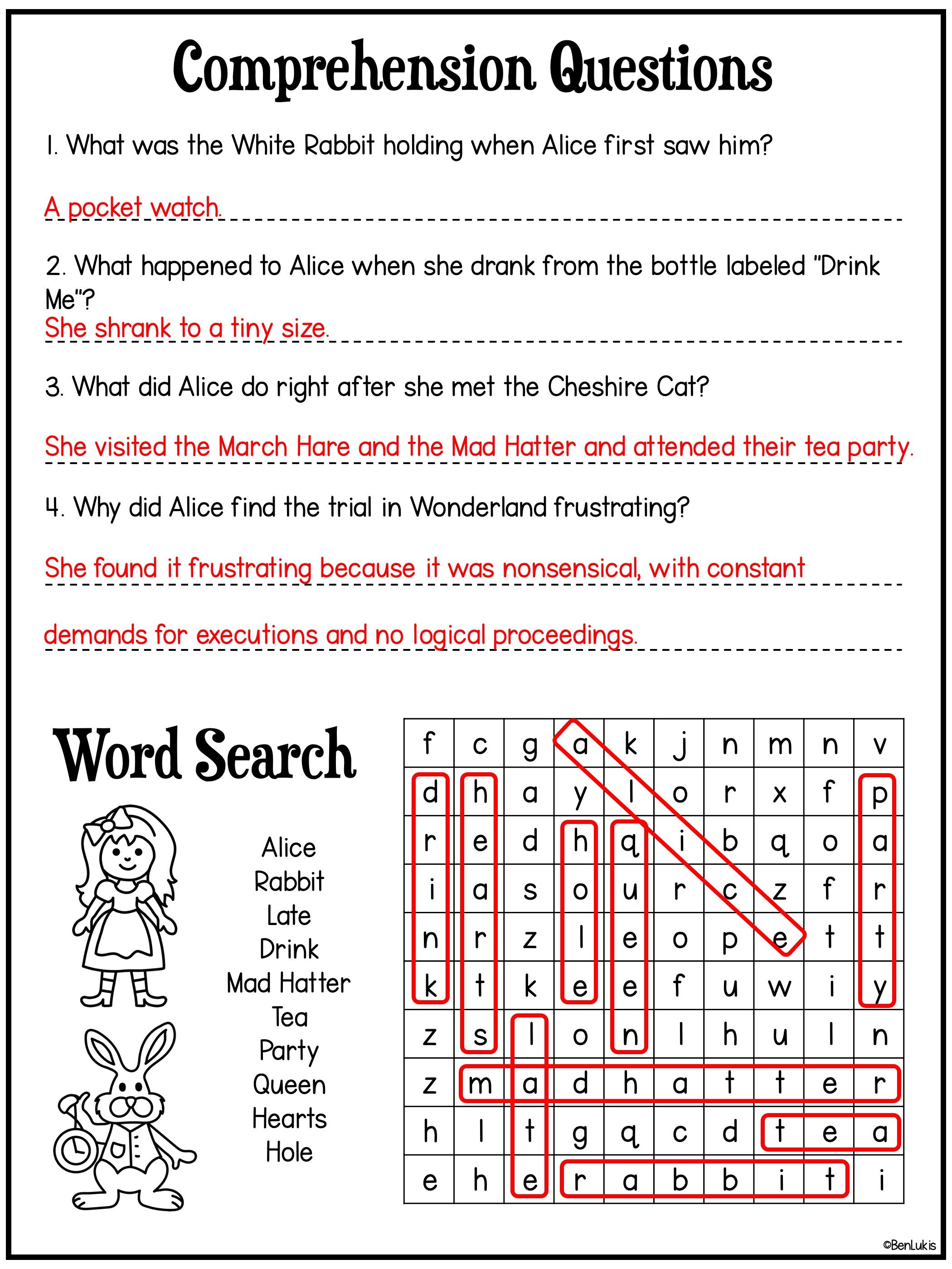 Alice in Wonderland Reading Activities Pack, Comprehension Questions ...