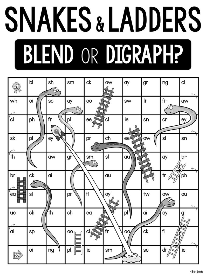 Snakes and Ladders Phonics Game for Blends and Digraphs, Printable ...