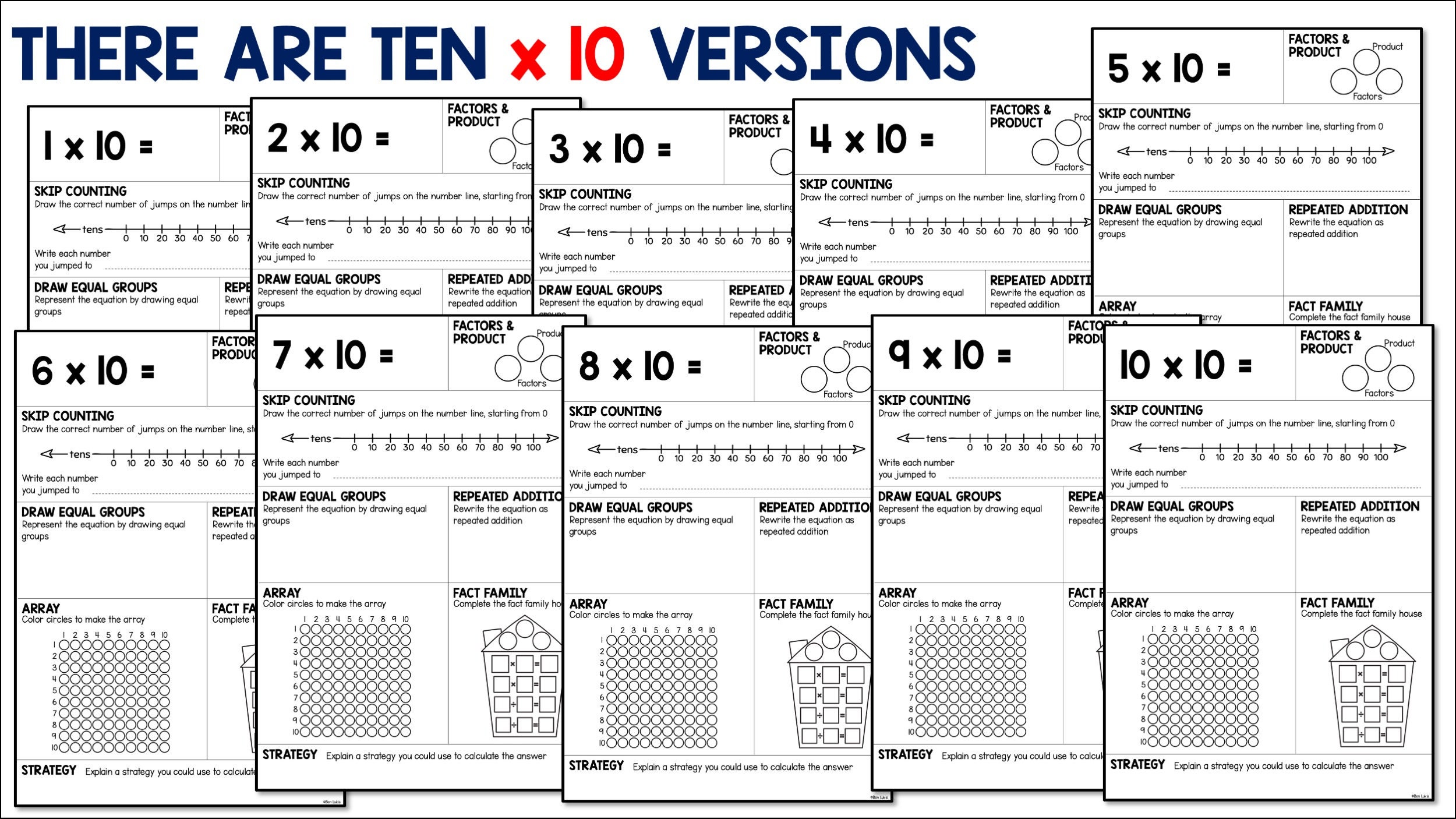10 Times Table Multiplication Equation of the Day Practice Worksheets ...