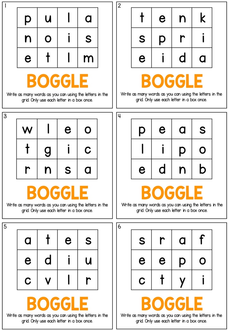 Boggle Cards for Spelling and Making Words, Printable PDF Boggle ...