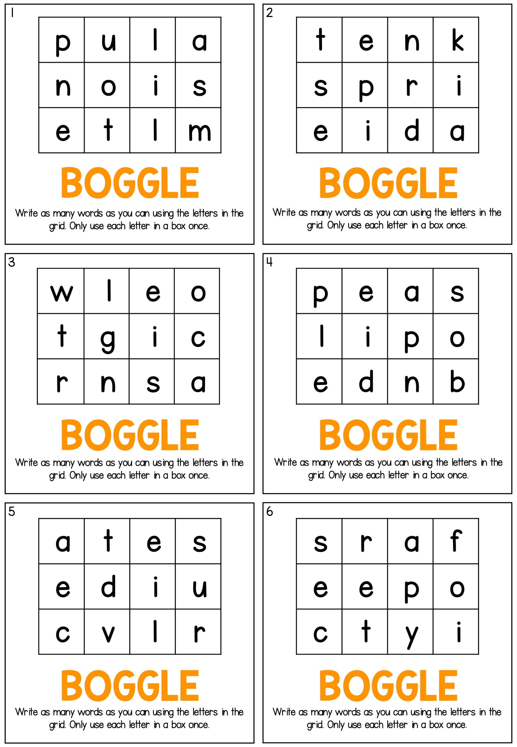 Boggle Cards for Spelling and Making Words, Printable PDF Boggle ...