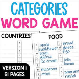Vocabulary Word Game of Categories, Creative Thinking & Writing ...