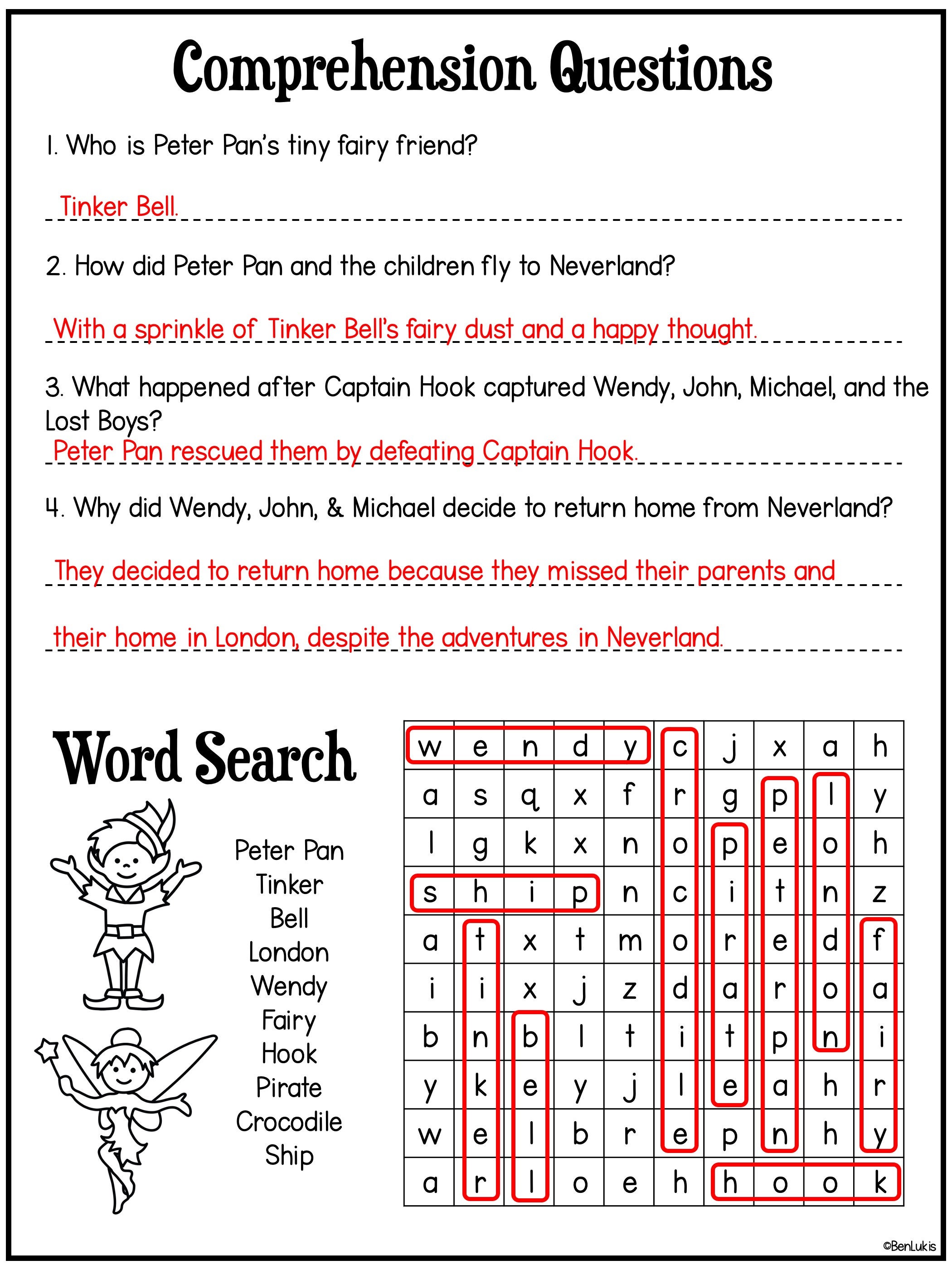 Peter Pan Reading Comprehension, Word Search, Coloring Pages, Fun ...