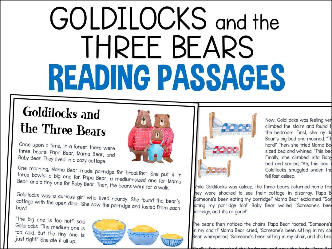 Goldilocks and the Three Bears Reading Passages (printable PDF) - Etsy
