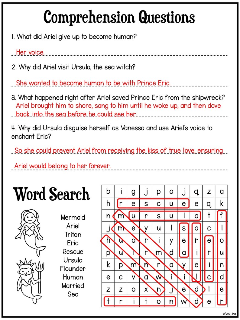 The Little Mermaid Activity Pack, Reading Comprehension Worksheets ...