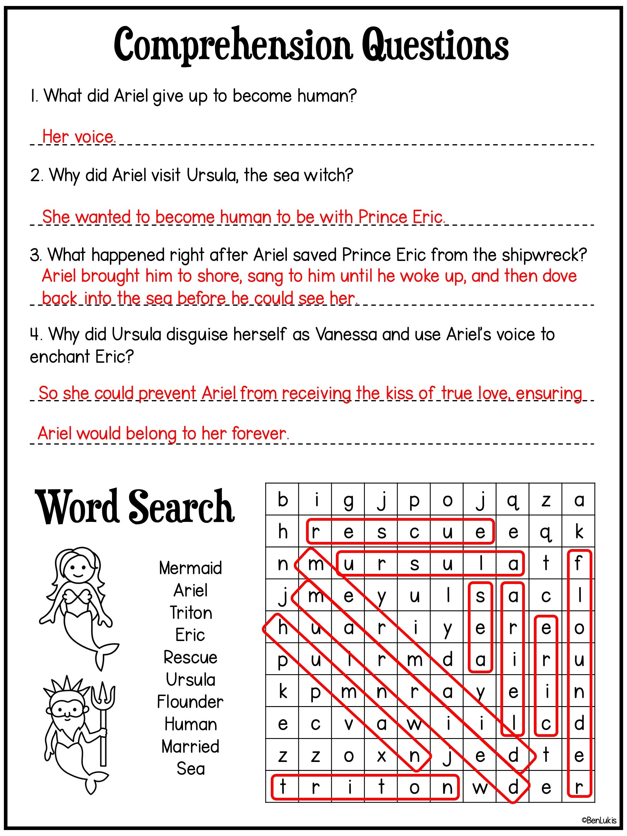 The Little Mermaid Activity Pack, Reading Comprehension Worksheets ...