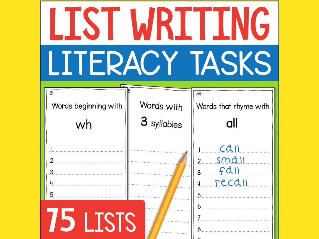 List Writing Tasks for Writing Practice Spelling, Rhyming, Syllables ...