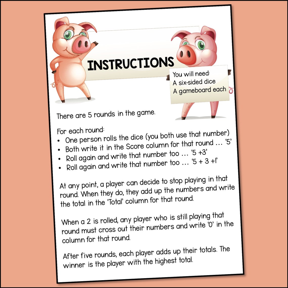 Addition Math Game of Chance and Probability, Greedy Pig Math Game, Fun ...
