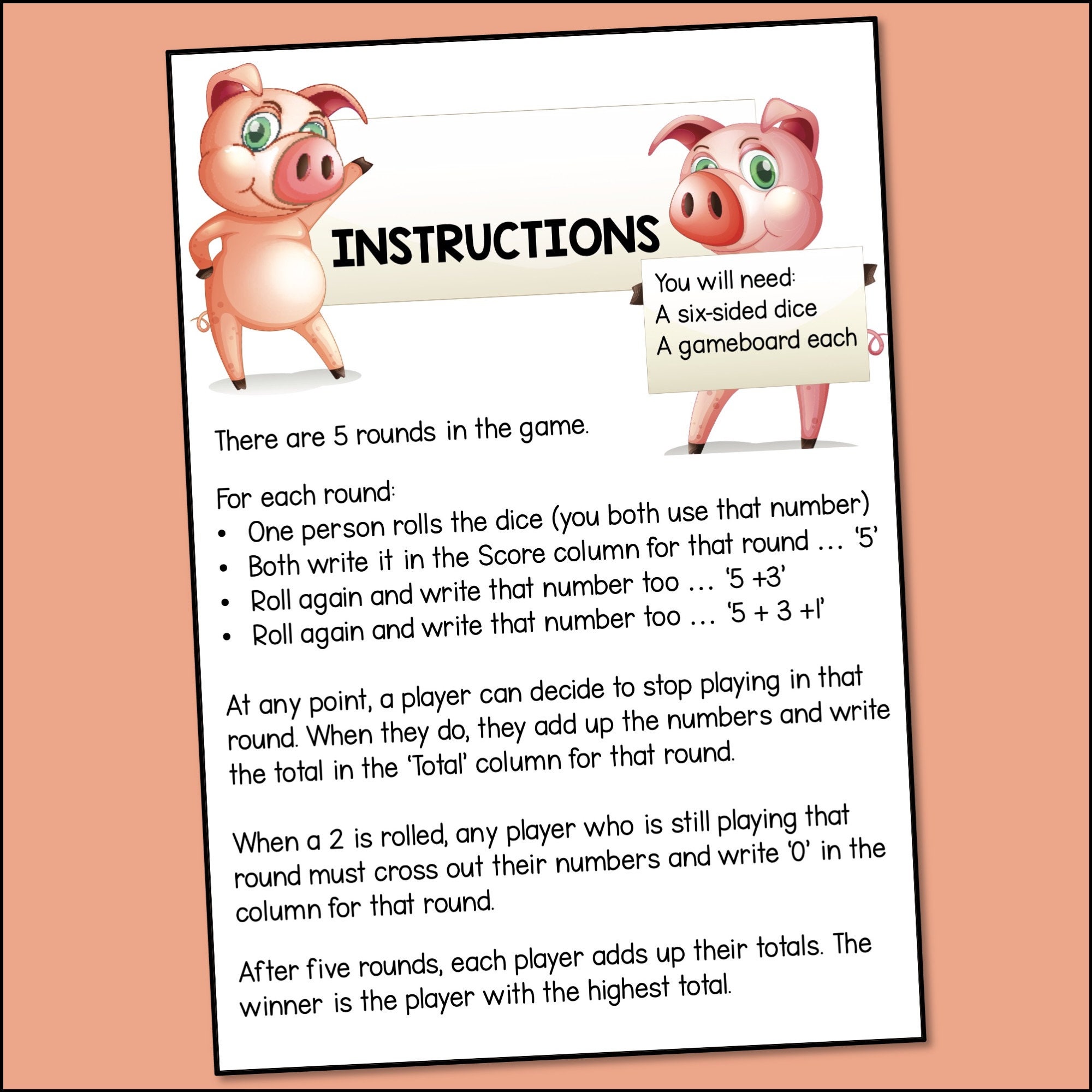 Addition Math Game of Chance and Probability, Greedy Pig Math Game, Fun ...