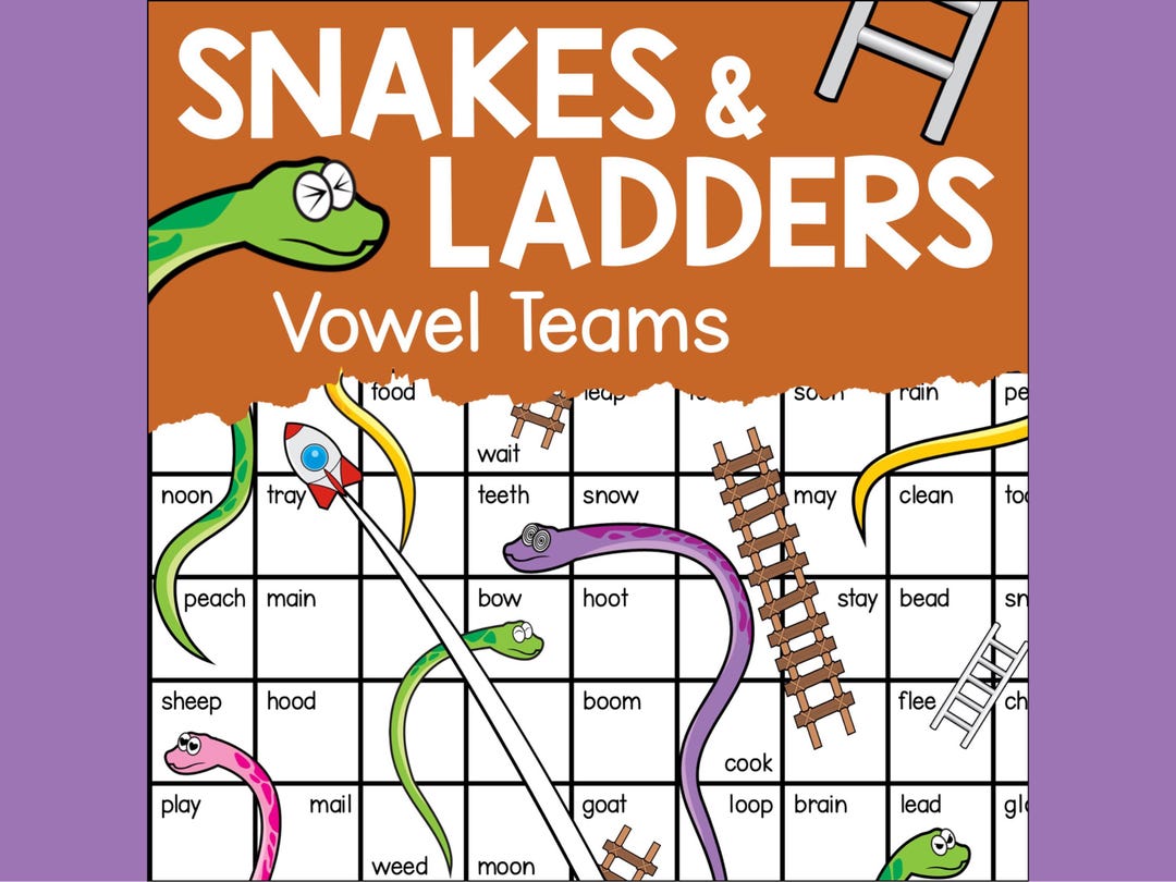 Snakes and Ladders Reading Game for Vowel Teams Practice, Printable ...