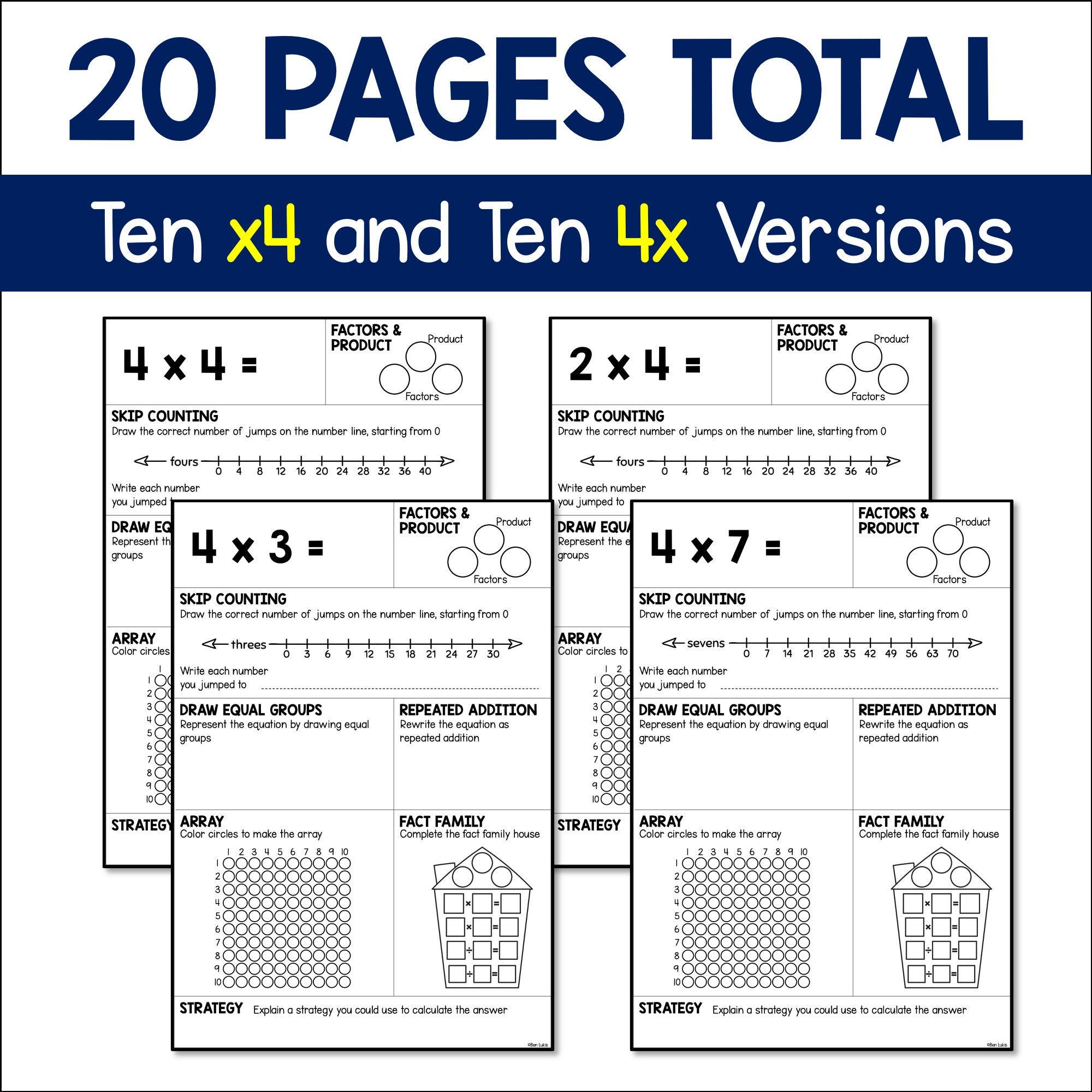 4 Times Table Multiplication Equation of the Day Practice Worksheets ...