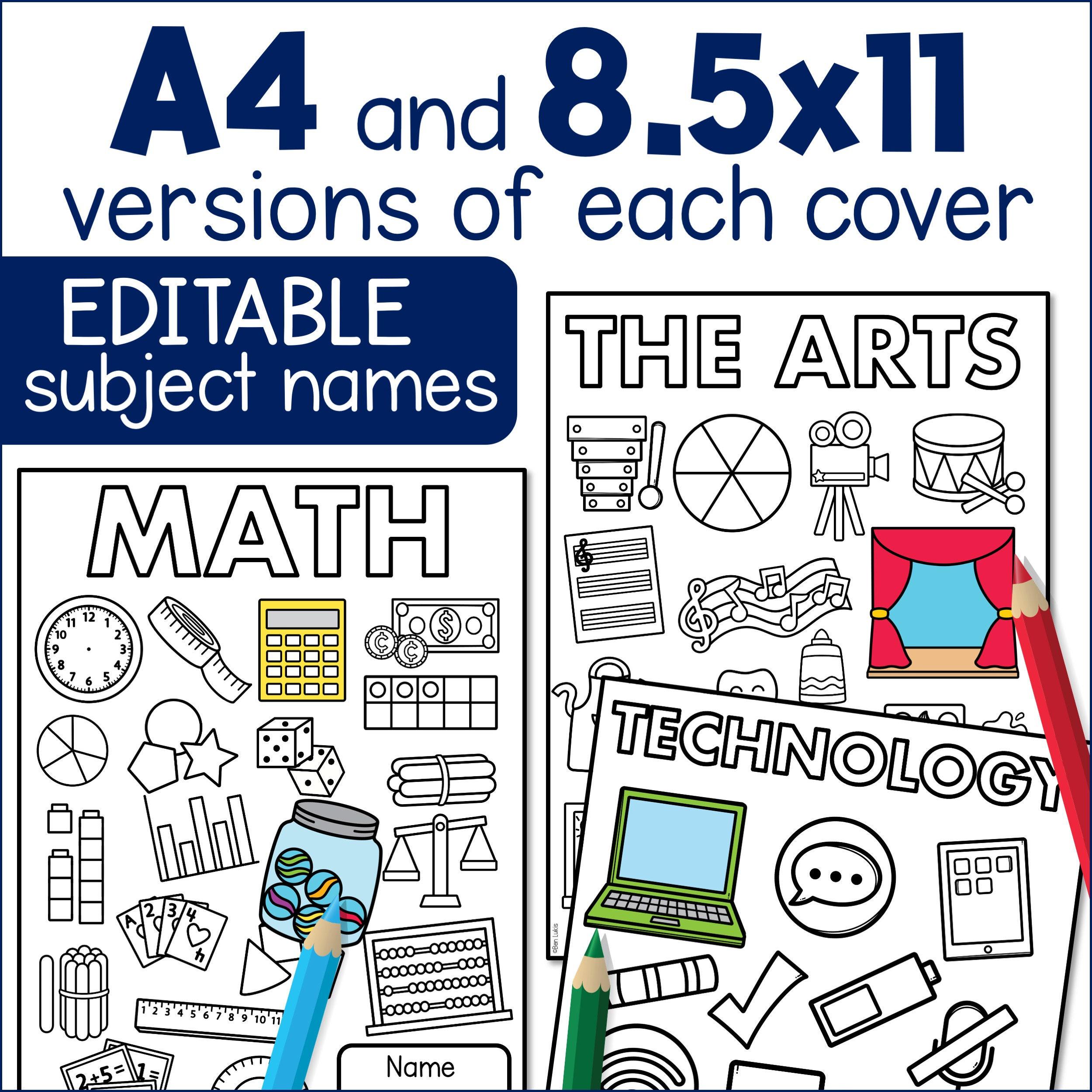 Editable Book Covers for Journals & Notebooks, Printable School Subject ...