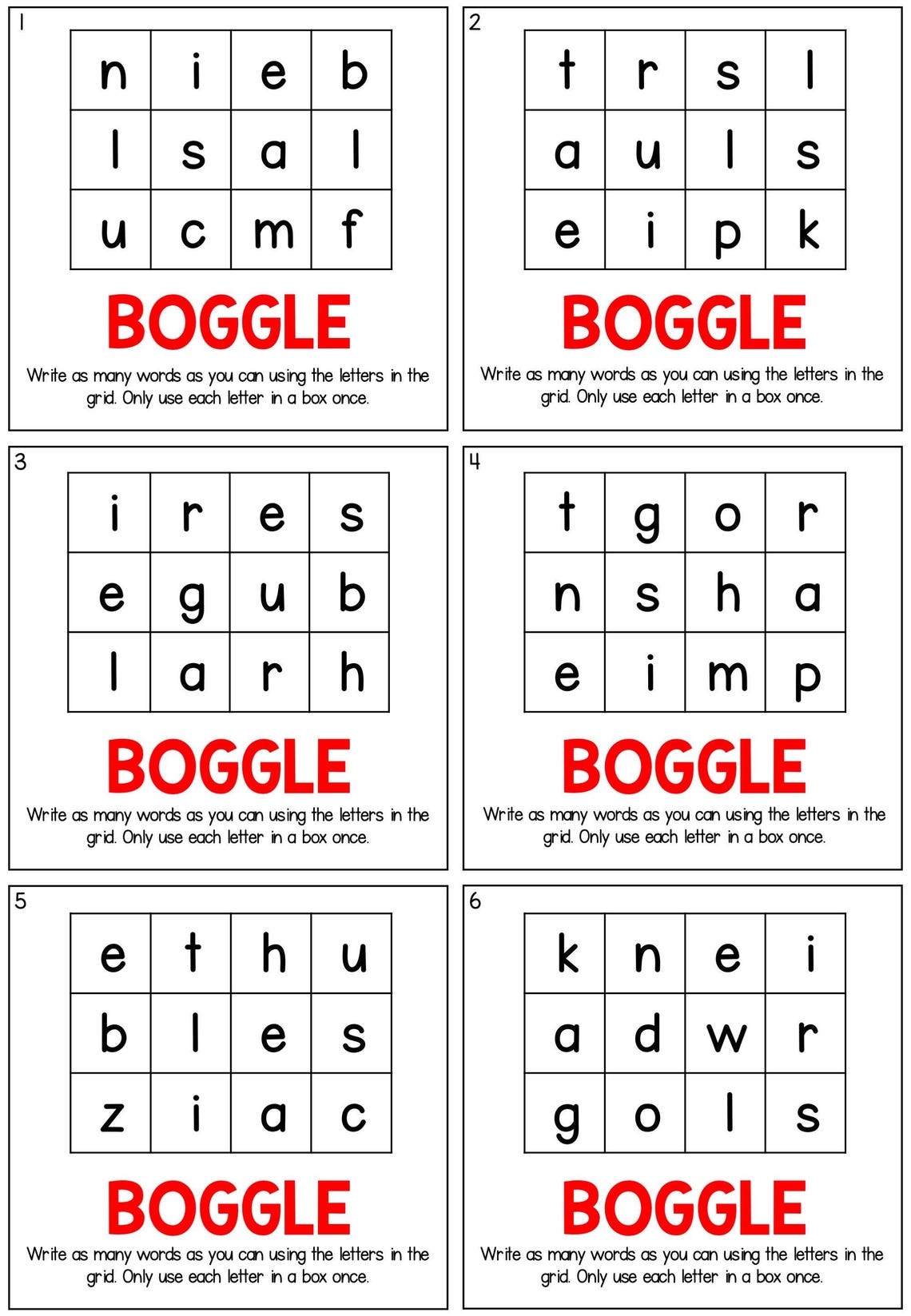 Boggle Cards for Spelling and Making Words, Printable PDF Boggle ...