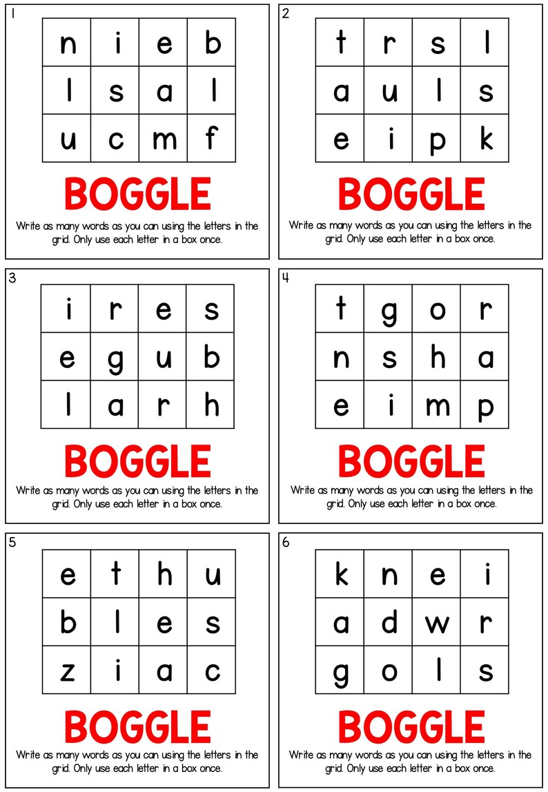 Boggle Cards for Spelling and Making Words, Printable PDF Boggle ...