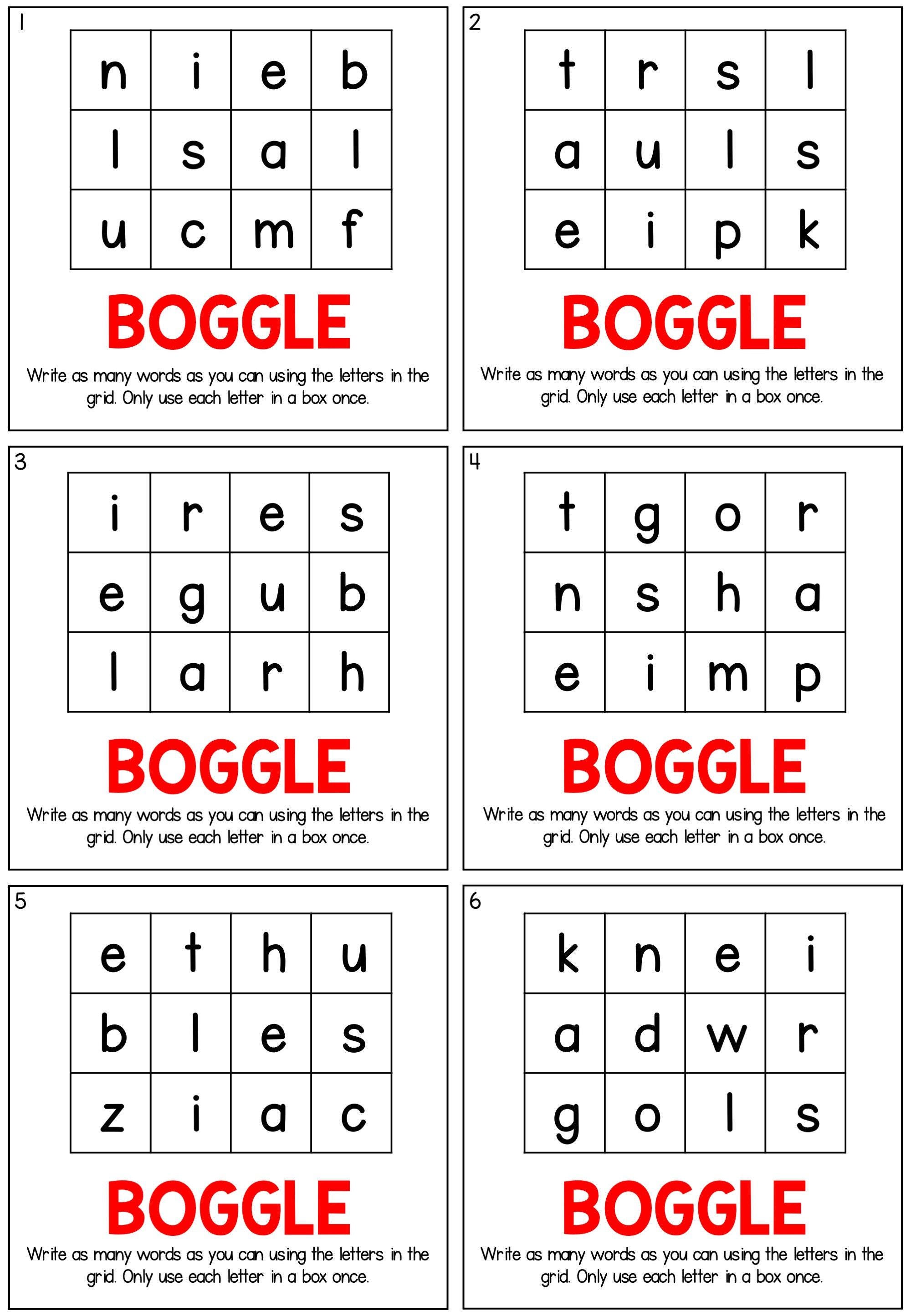 Boggle Cards for Spelling and Making Words, Printable PDF Boggle ...