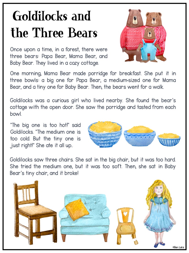 Goldilocks and the Three Bears Reading Passages, Fairy Tale to Read, Fairytales for Kids to Read ...