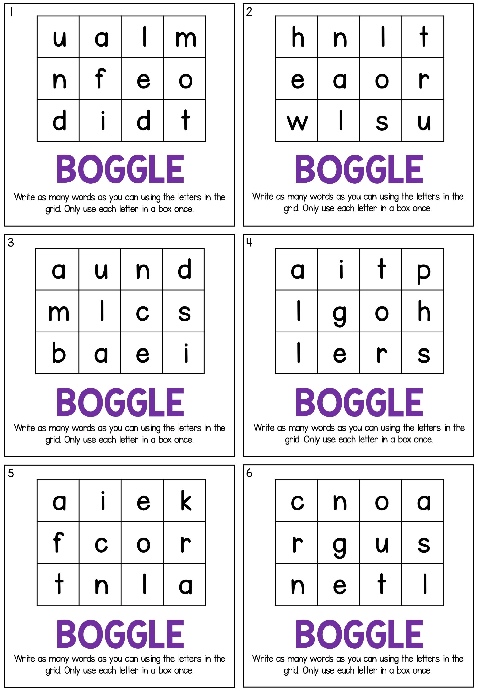 Boggle Cards for Spelling and Making Words, Printable PDF Boggle ...
