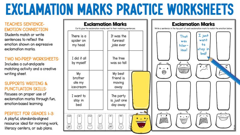 Exclamation Mark Worksheets for Kids, Sentence Writing Punctuation ...