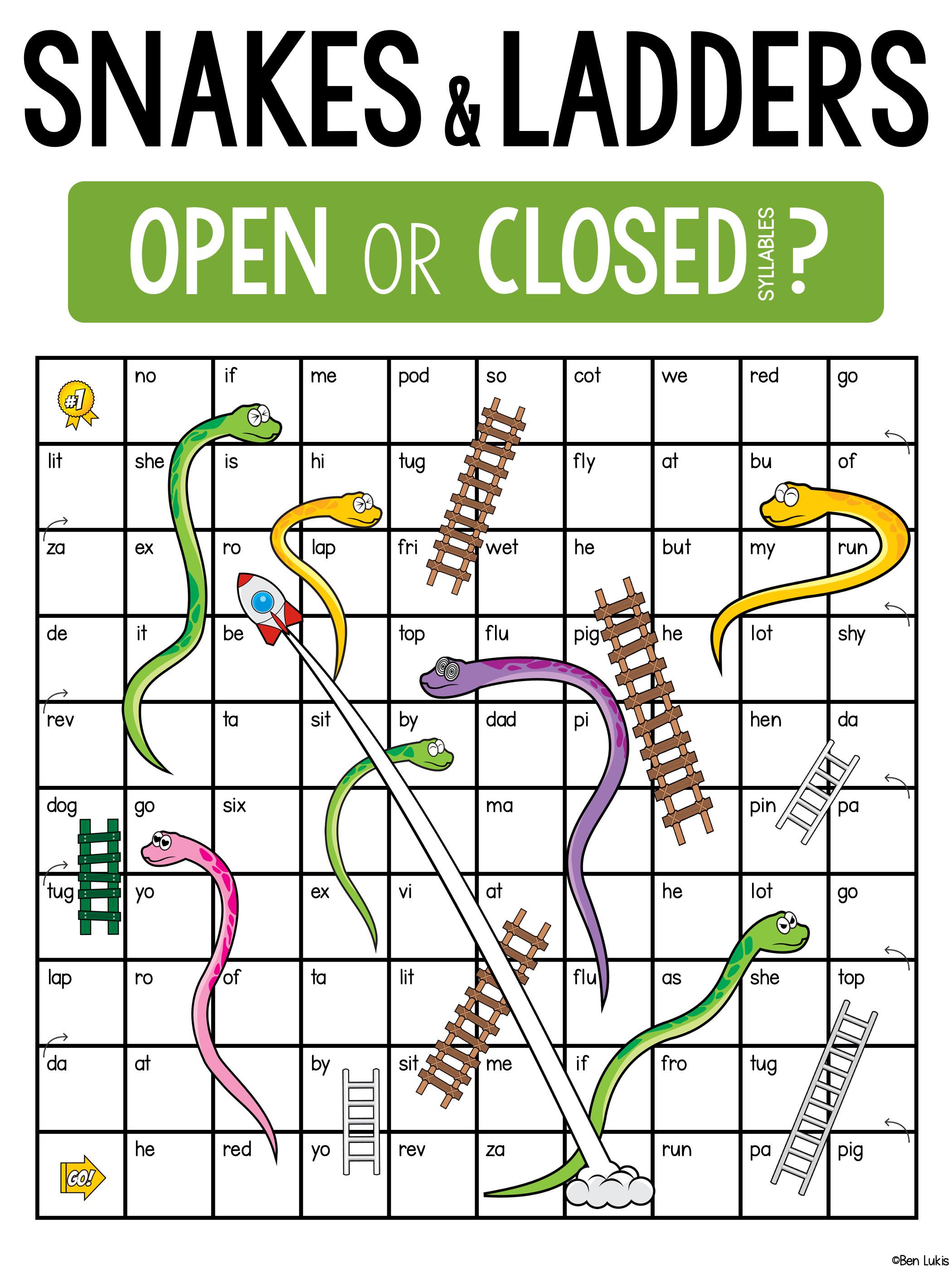 Snakes and Ladders Game for Open and Closed Syllables, Printable Board ...