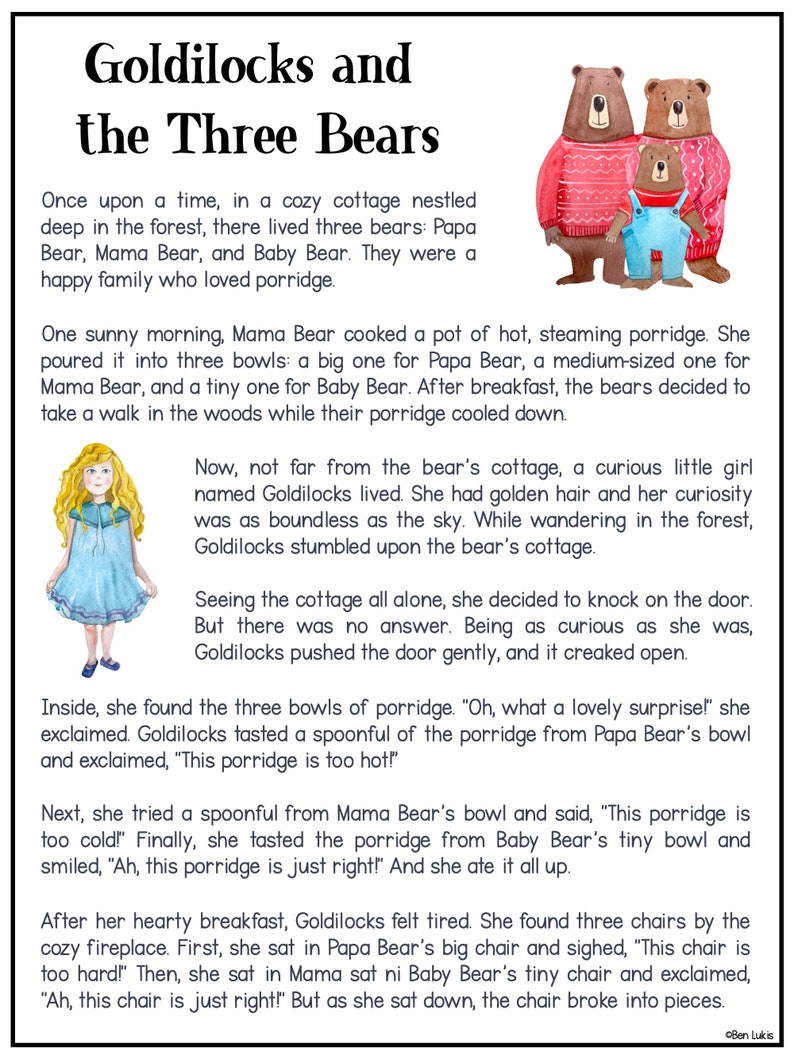 Goldilocks and the Three Bears Reading Passages, Fairy Tale to Read ...