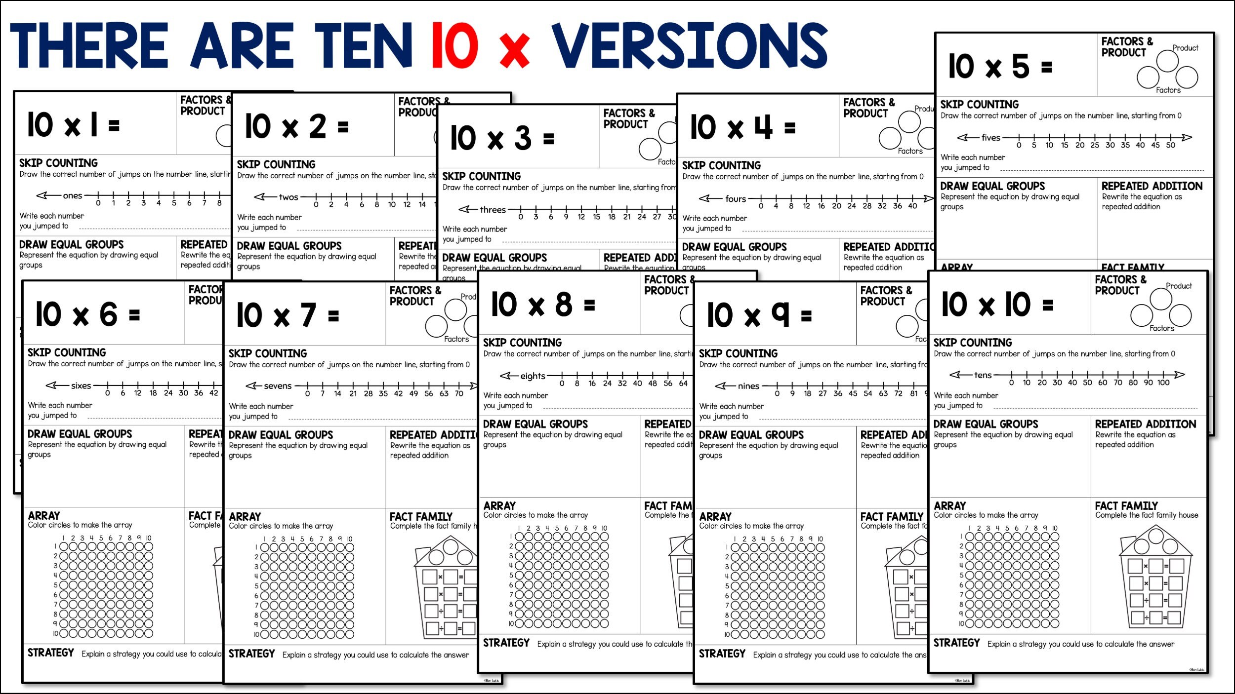 10 Times Table Multiplication Equation of the Day Practice Worksheets ...