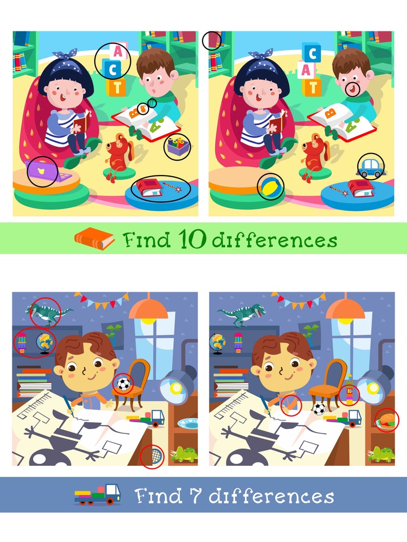 Spot the Difference Printable Activities, 30 Puzzles, Kids Challenge ...