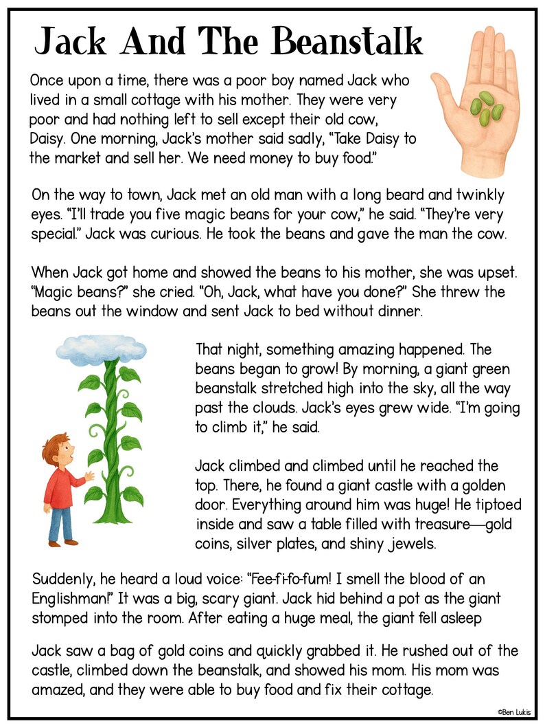 Jack and the Beanstalk Reading Passages, Fairy Tale to Read, Fairytales ...