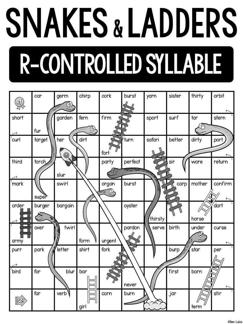 Snakes and Ladders R-controlled Vowel Phonics Game for Kids, Printable ...