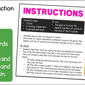 Skunk Math Game, Addition Probability and Chance Printable PDF Game to ...