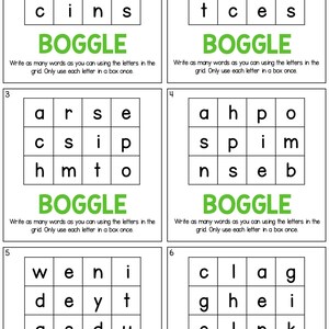 Boggle Cards for Spelling and Making Words, Printable PDF Boggle ...