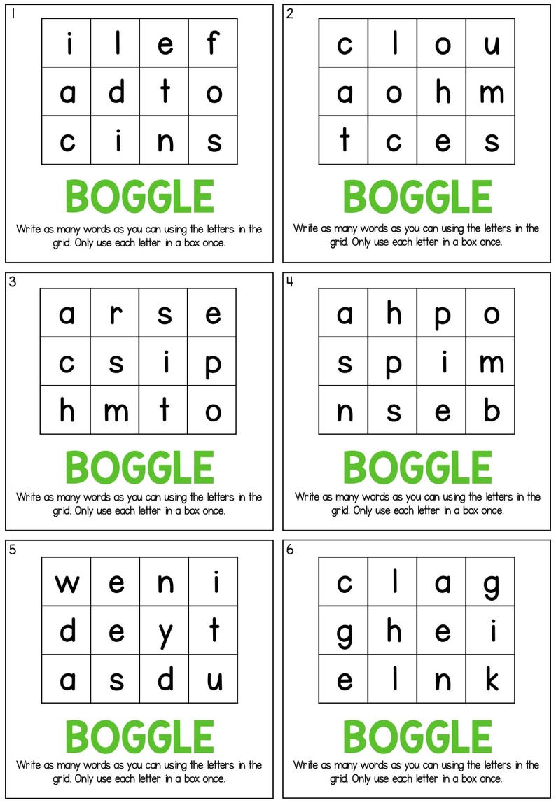 Boggle Cards for Spelling and Making Words, Printable PDF Boggle ...