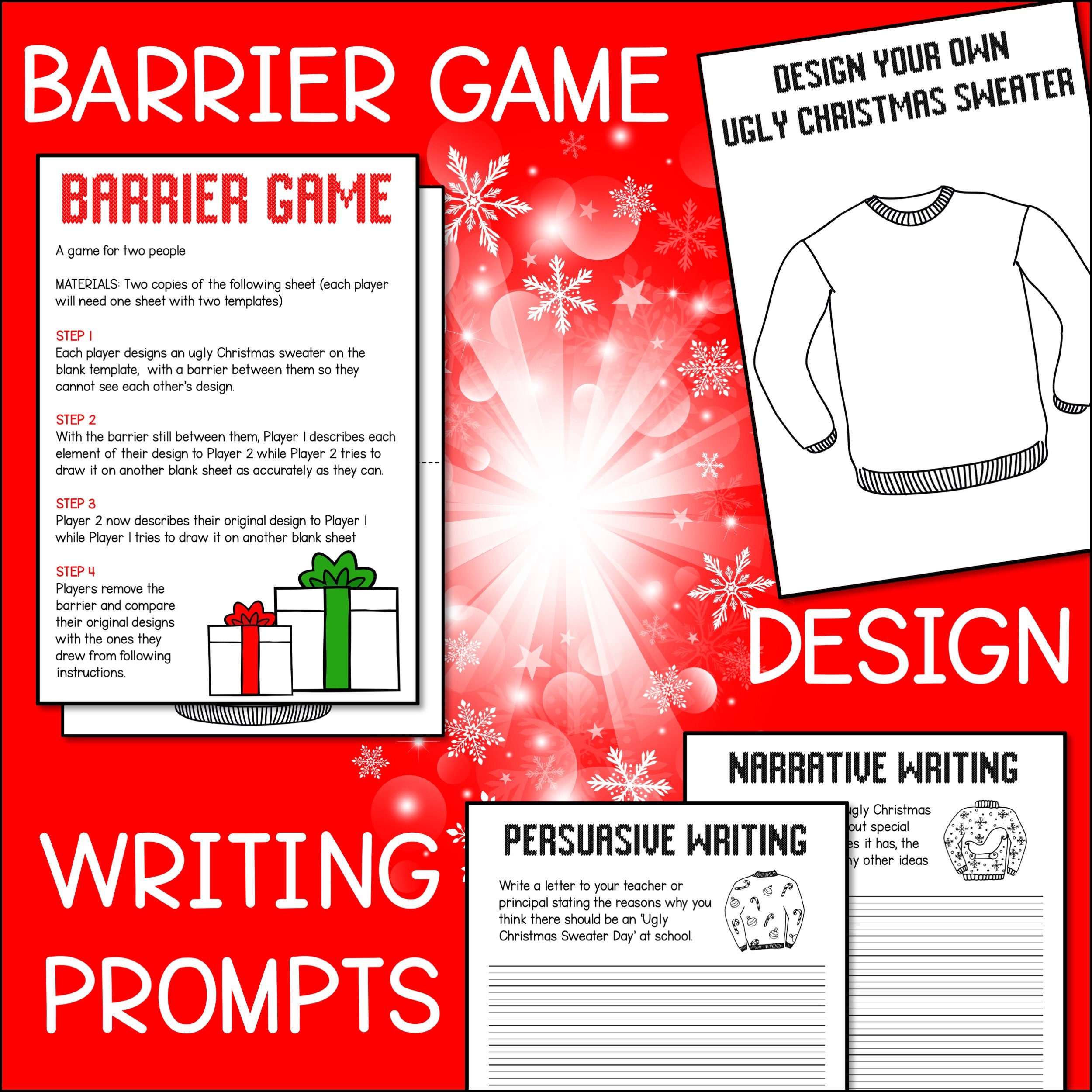 Ugly Christmas Sweater Word Search, Xmas Writing Prompts, Math ...