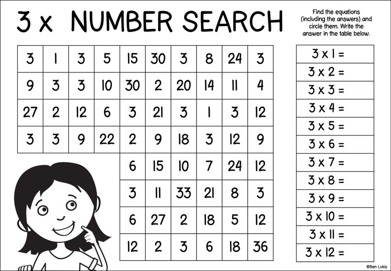 Multiplication Facts Number Searches for Times Tables Math Practice ...