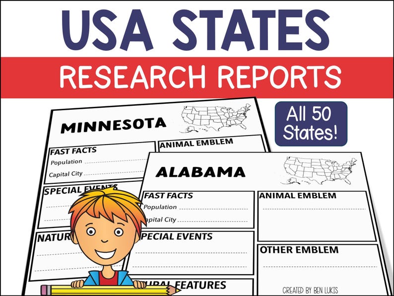 USA States Research Report Templates for Kids, All 50 States Research ...