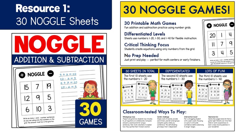 Noggle Math Game BUNDLE - Noggle Sheets + Cards. Addition Subtraction ...