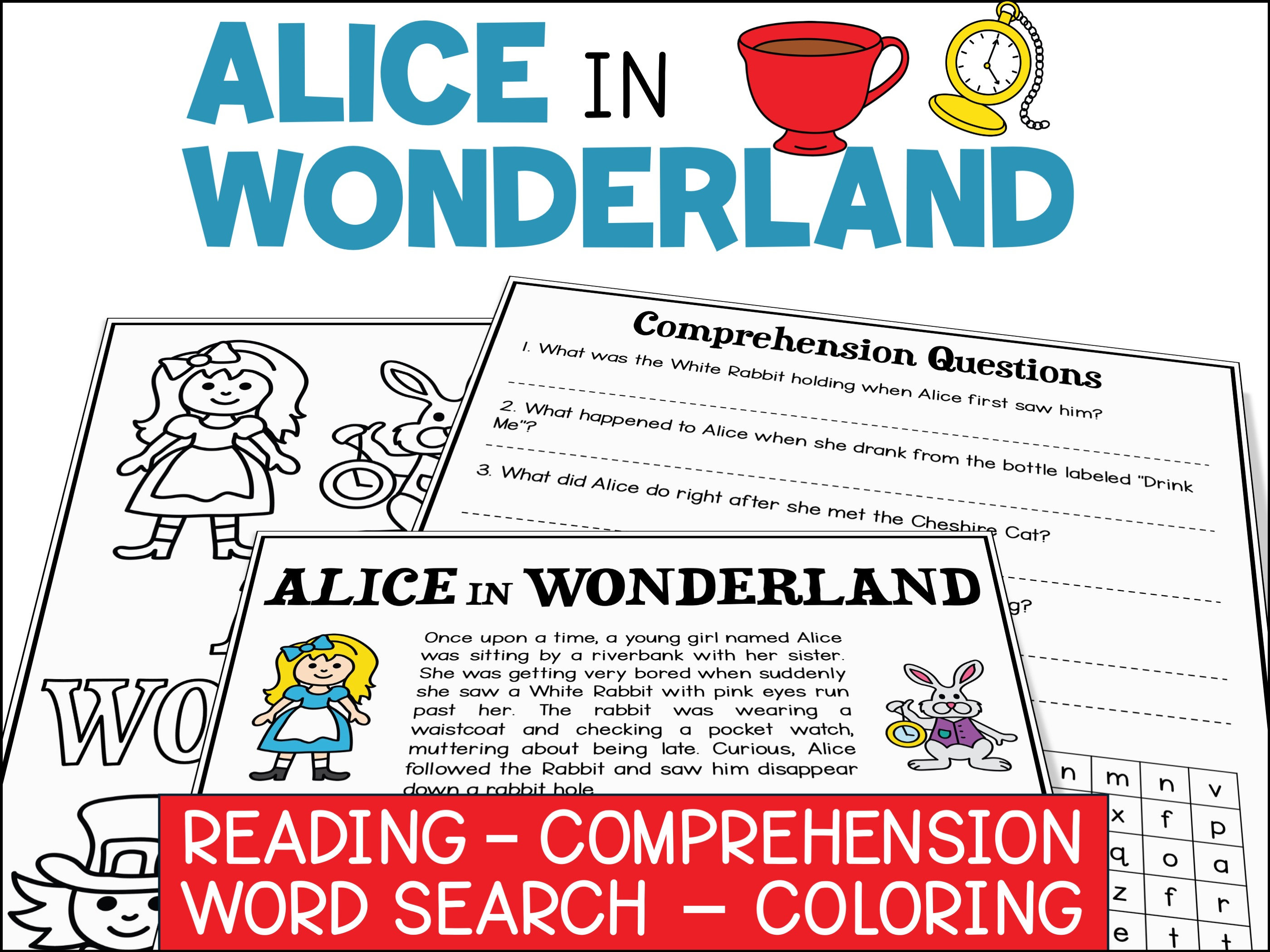 Alice in Wonderland Reading Activities Pack, Comprehension Questions ...