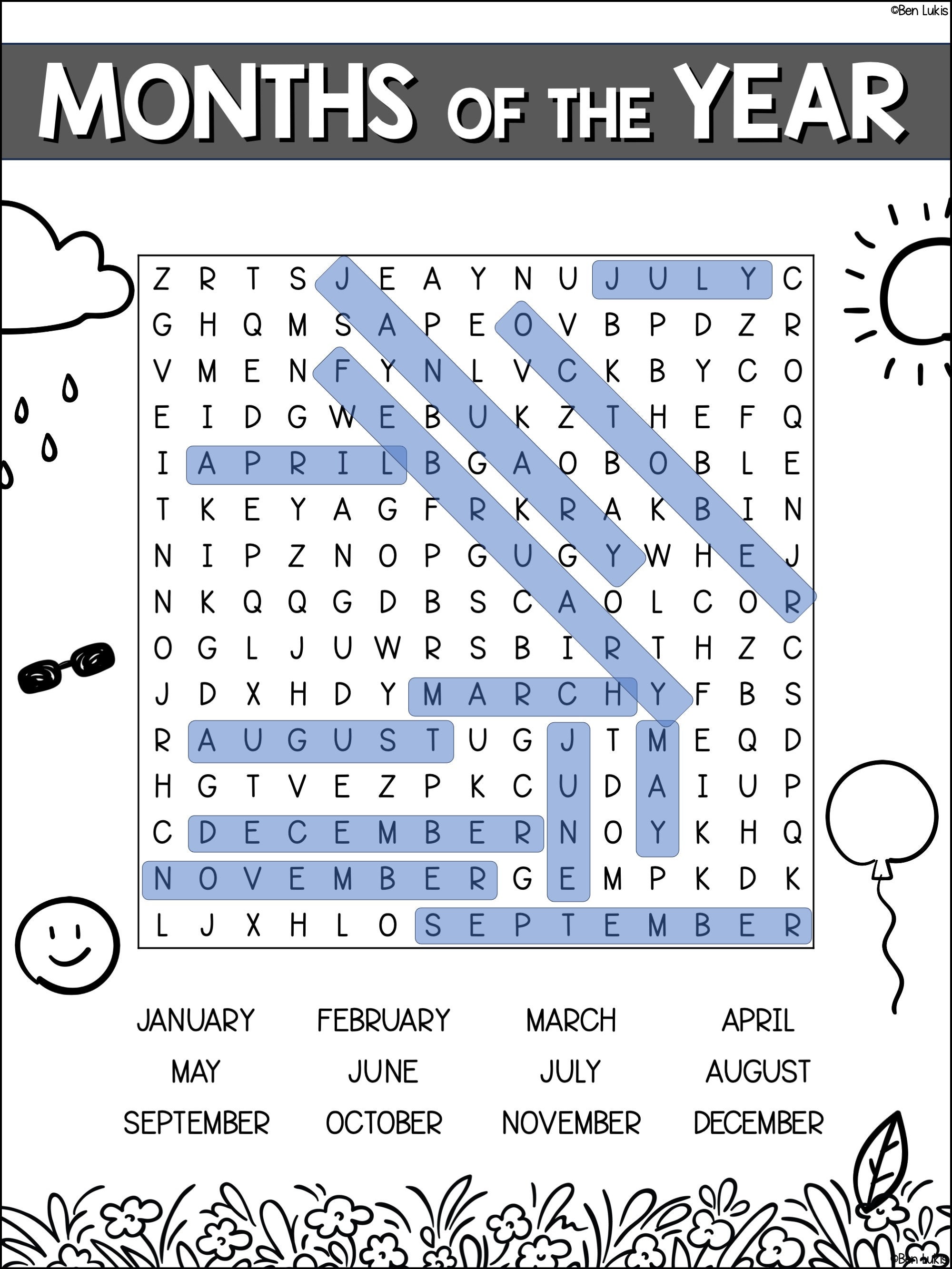 Word Search Puzzles for Days of Week, Months of the Year, Time Word ...