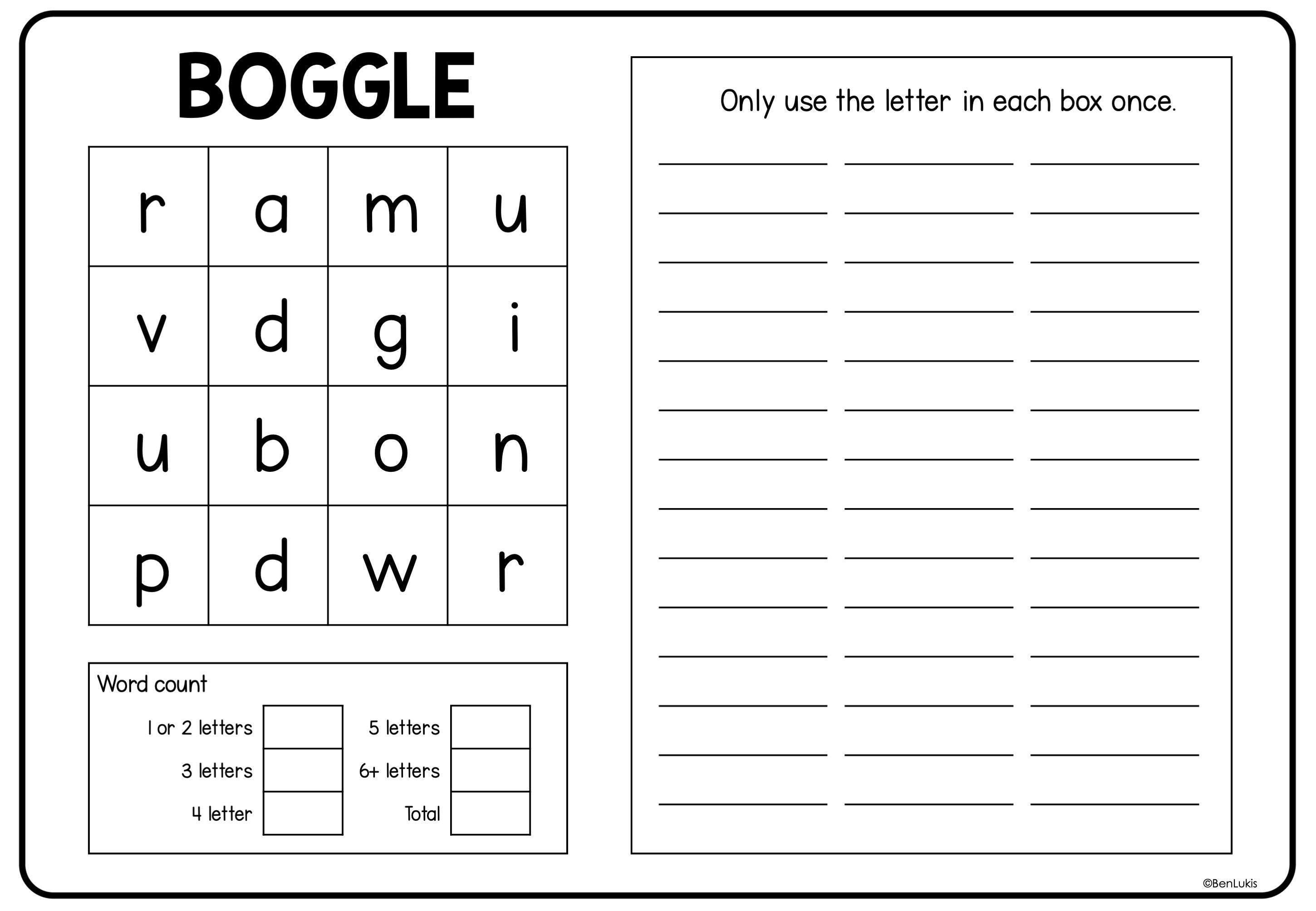 Boggle Worksheet